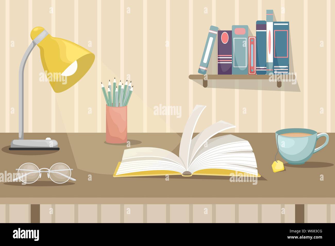 An open book on the desktop with a lamp, a Cup of tea and points. Wall ...