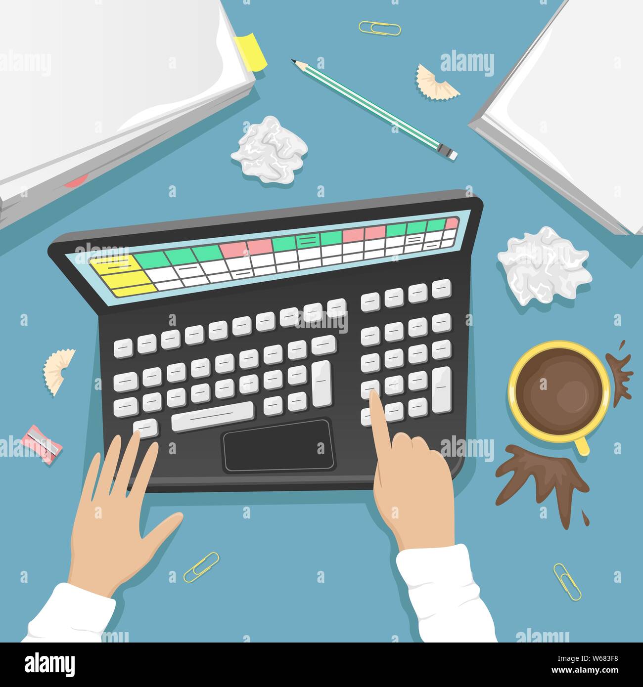 Work Desk with laptop, a pile of papers and a Cup of coffee. A dirty ...