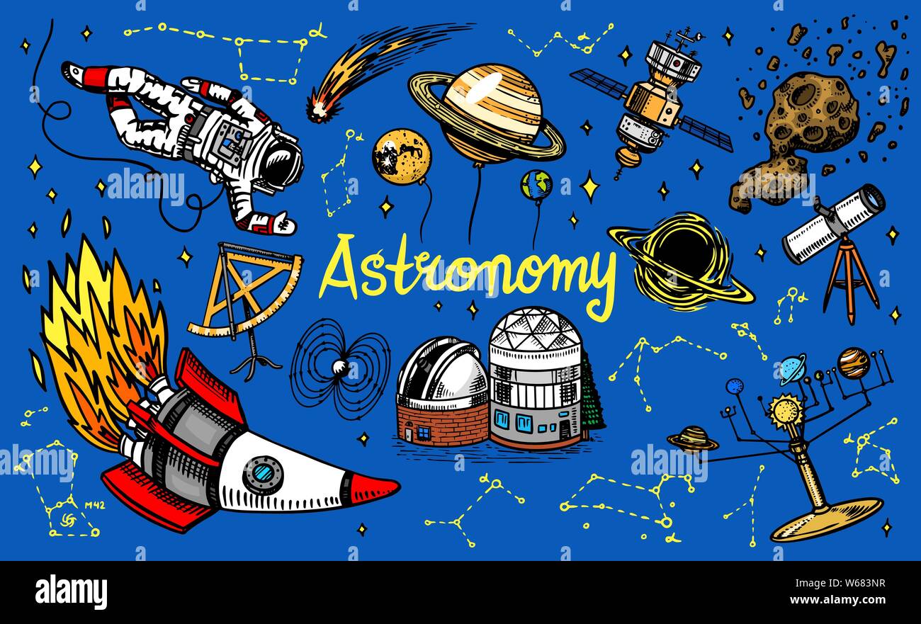 Astronomy background in vintage style. Space and cosmonaut, moon and ...