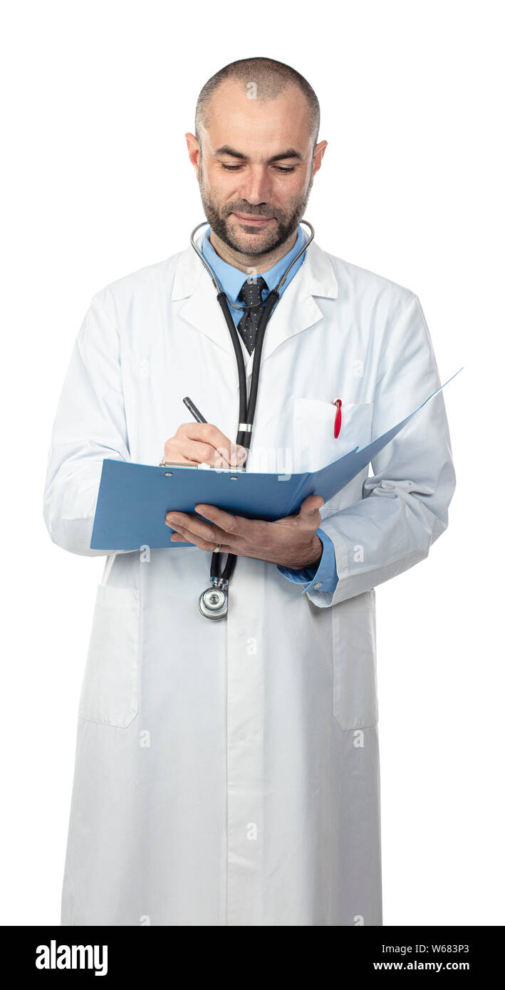 portrait of a caucasian doctor writing notes on a folder. isolated on ...