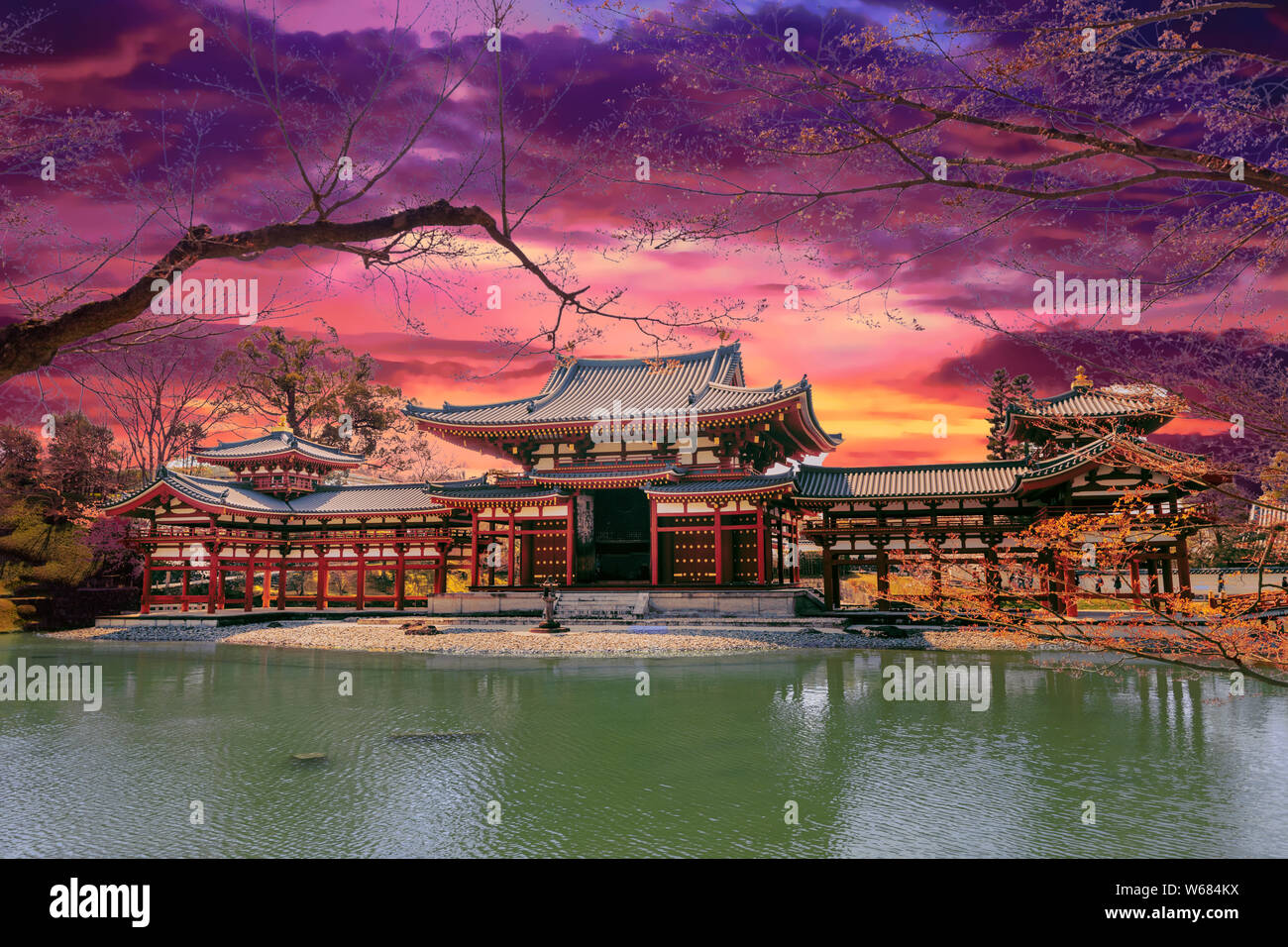 The Japanese Byodo-in Phoenix temple under a twilight sunset, world ...