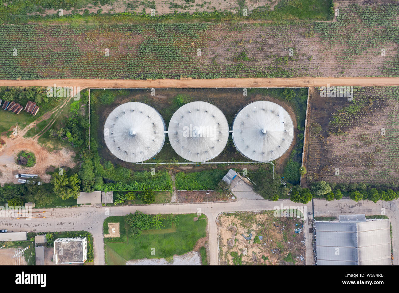 Aerial view Storage tank of Ethanol Ethyl Alcohol factory, Renewable ...