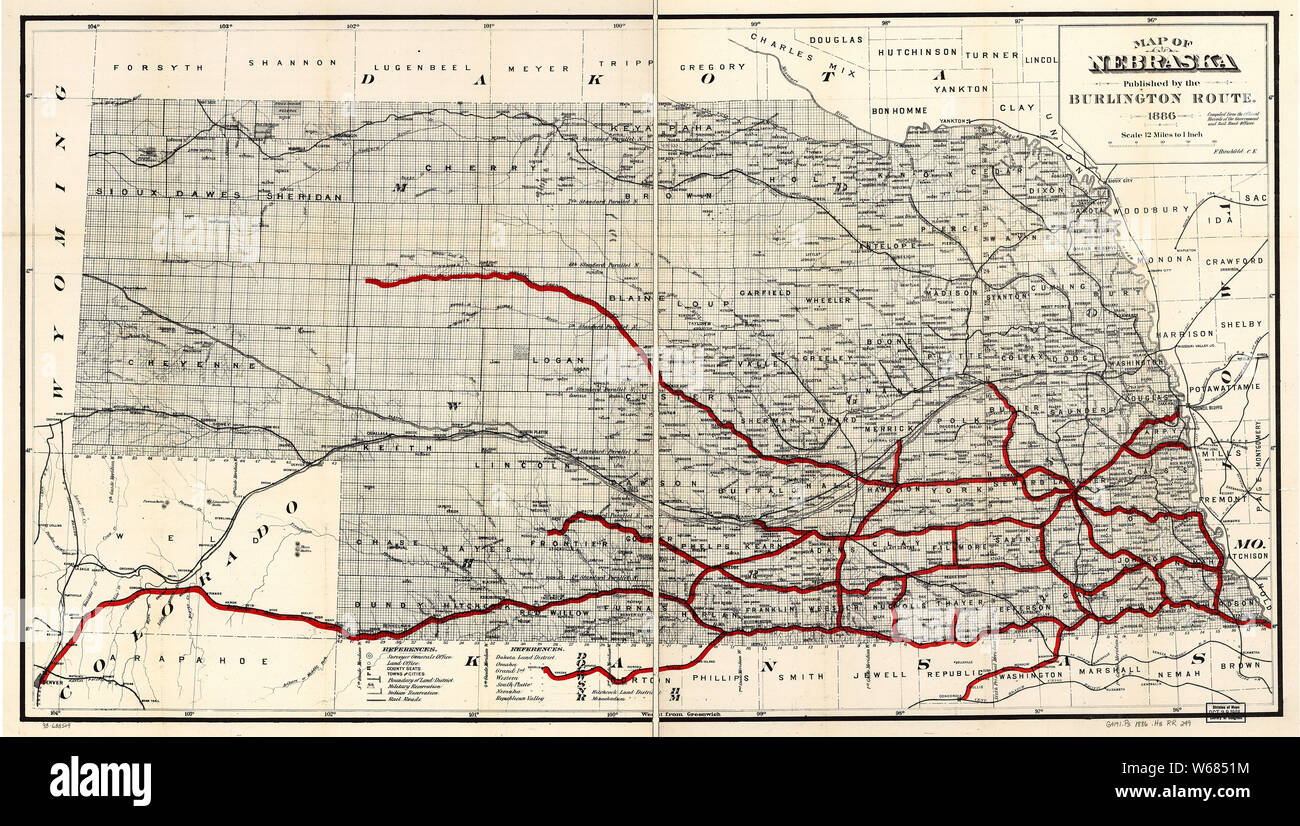 0140 Railroad Maps Map of Nebraska published by the Burlington Route ...