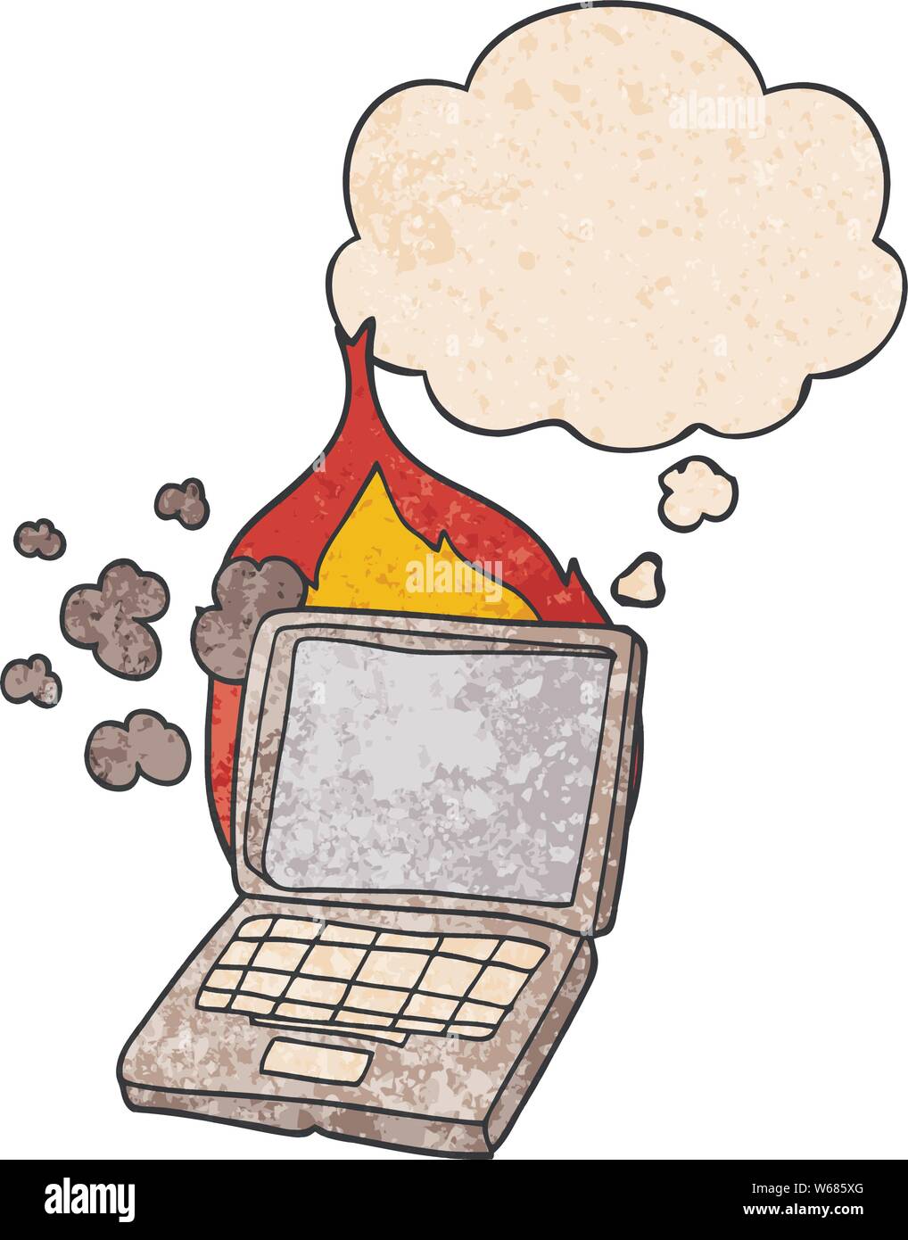 cartoon broken laptop computer with thought bubble in grunge texture ...