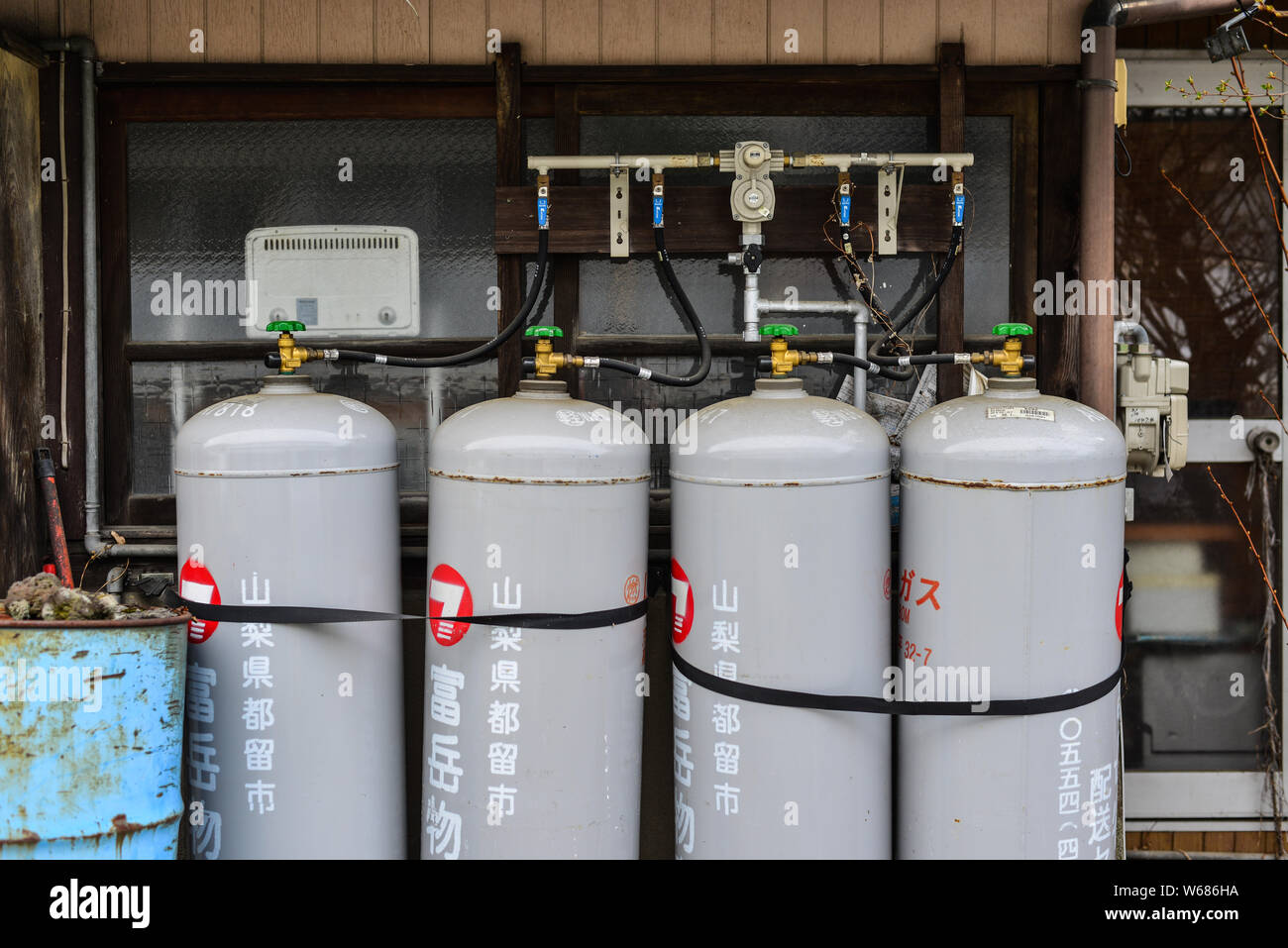 Kawaguchiko, Japan - Apr 8, 2019. Fuel-gas cylinders at a house in ...