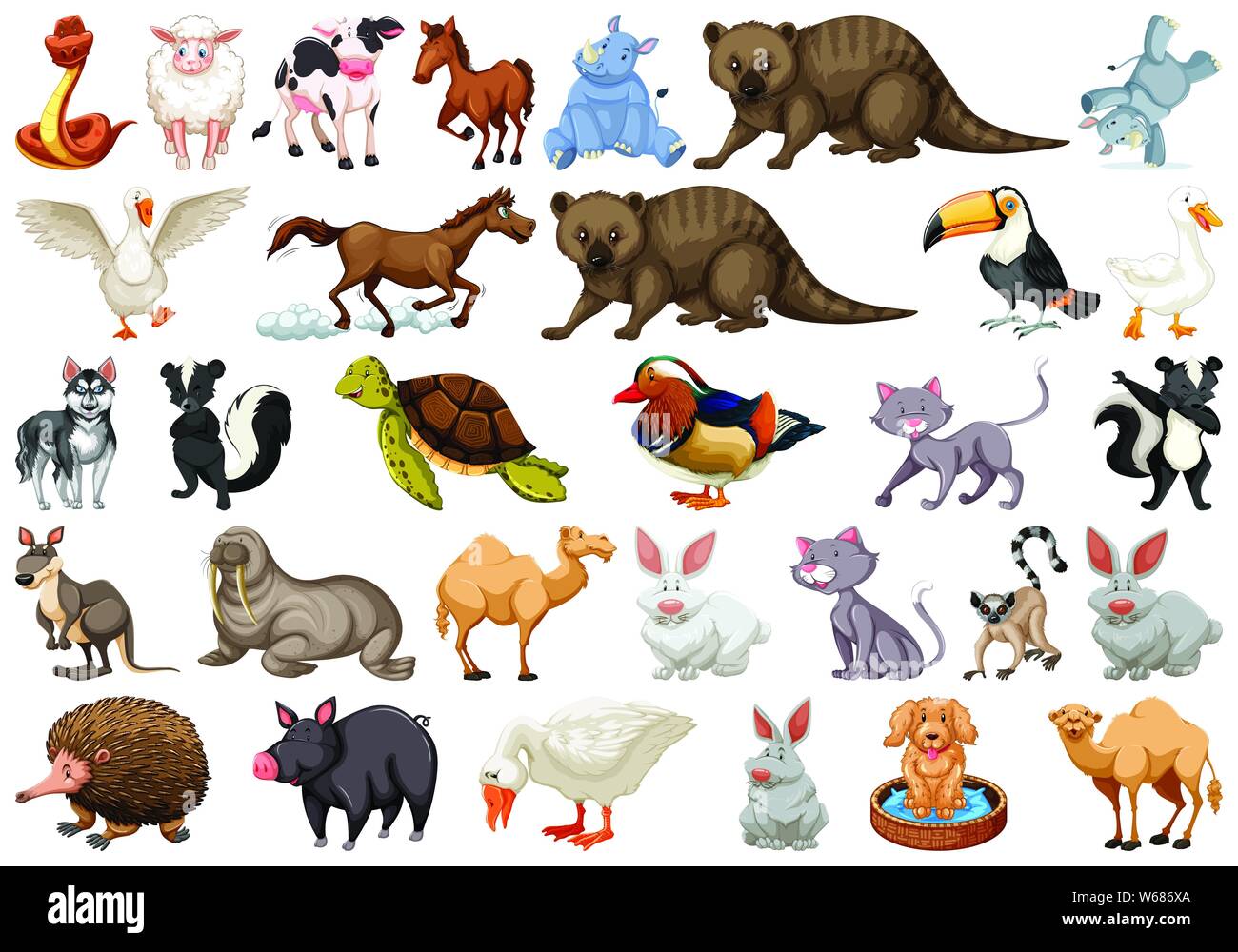 Diverse set of isolated animals on white illustration Stock Vector ...