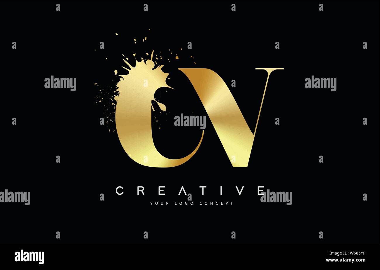 CV C V Letter Logo with Gold Melted Metal Splash Vector Design ...