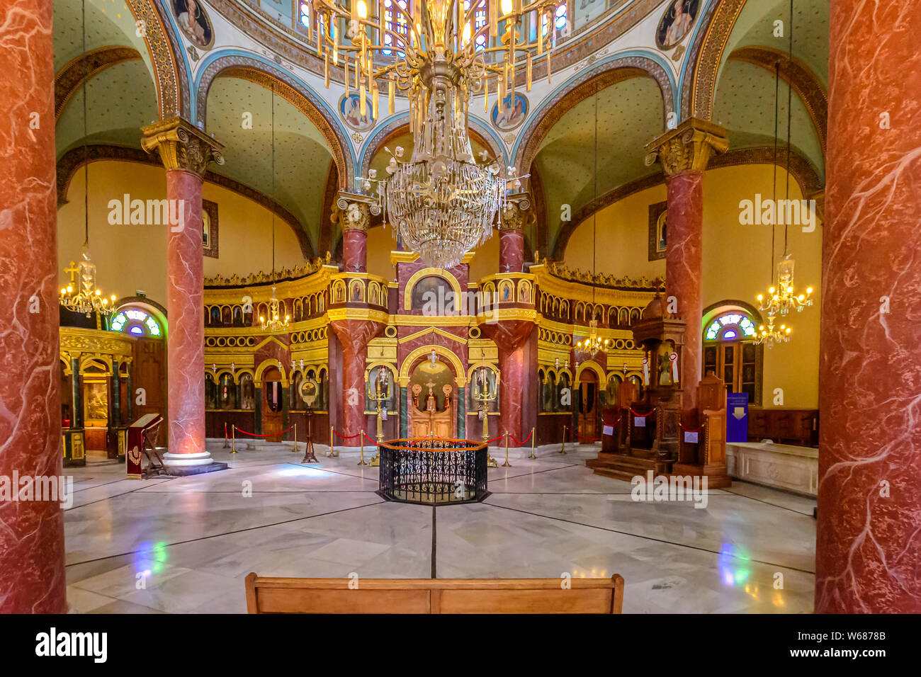 The Greek Orthodox iconostasis with icons of Christ and the Holy Virgin ...