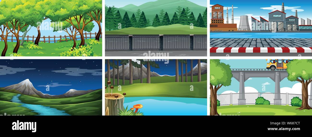 Set of nature scenes day and night rural and urban illustration Stock ...