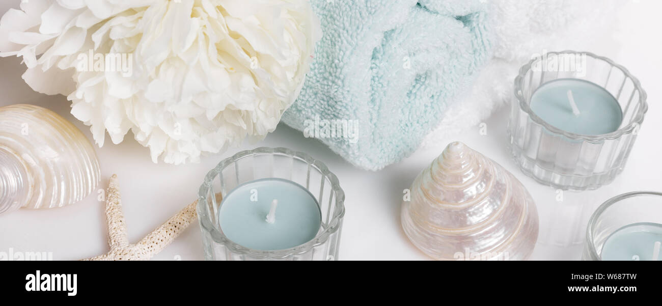 Spa gentle spring or summer background banner with peony flowers and ...