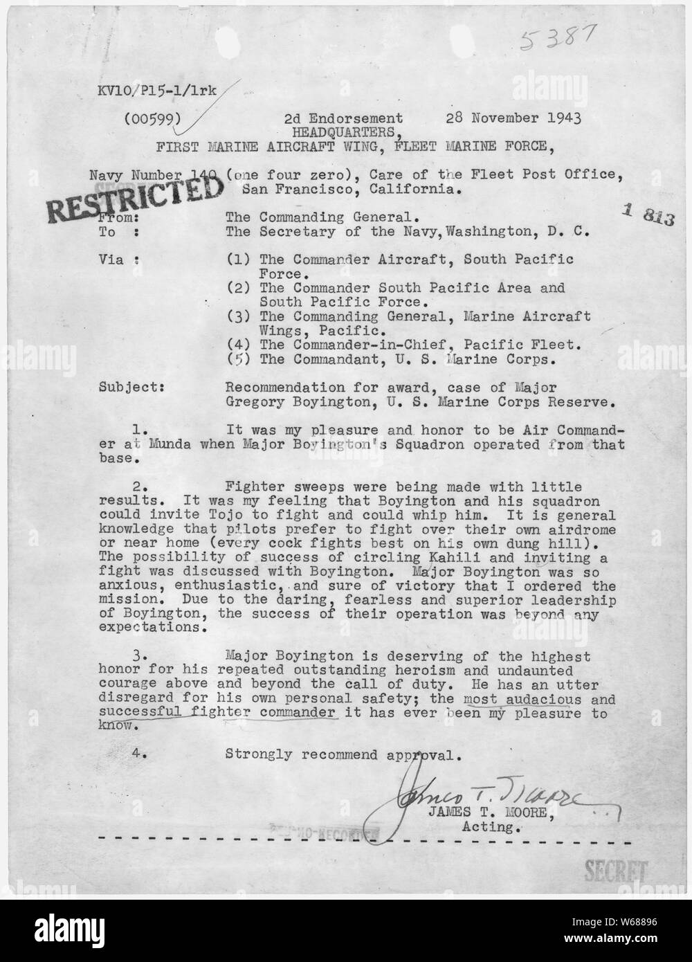 Second endorsement to the recommendation to award Boyington the Medal ...