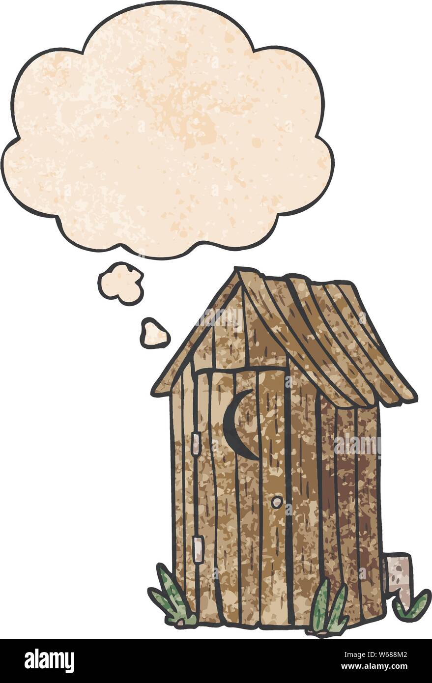 cartoon outdoor toilet with thought bubble in grunge texture style ...