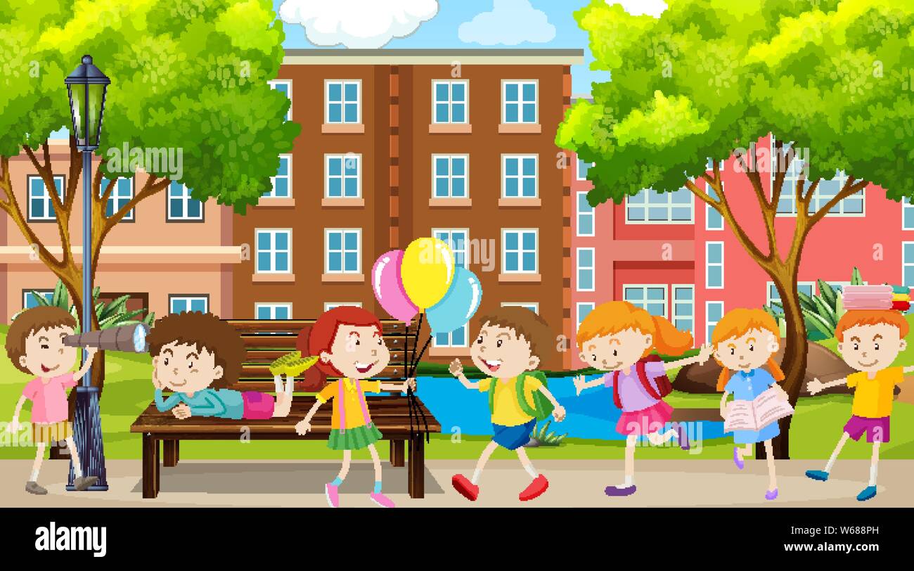 Active kids playing in outdoor scene illustration Stock Vector Image ...