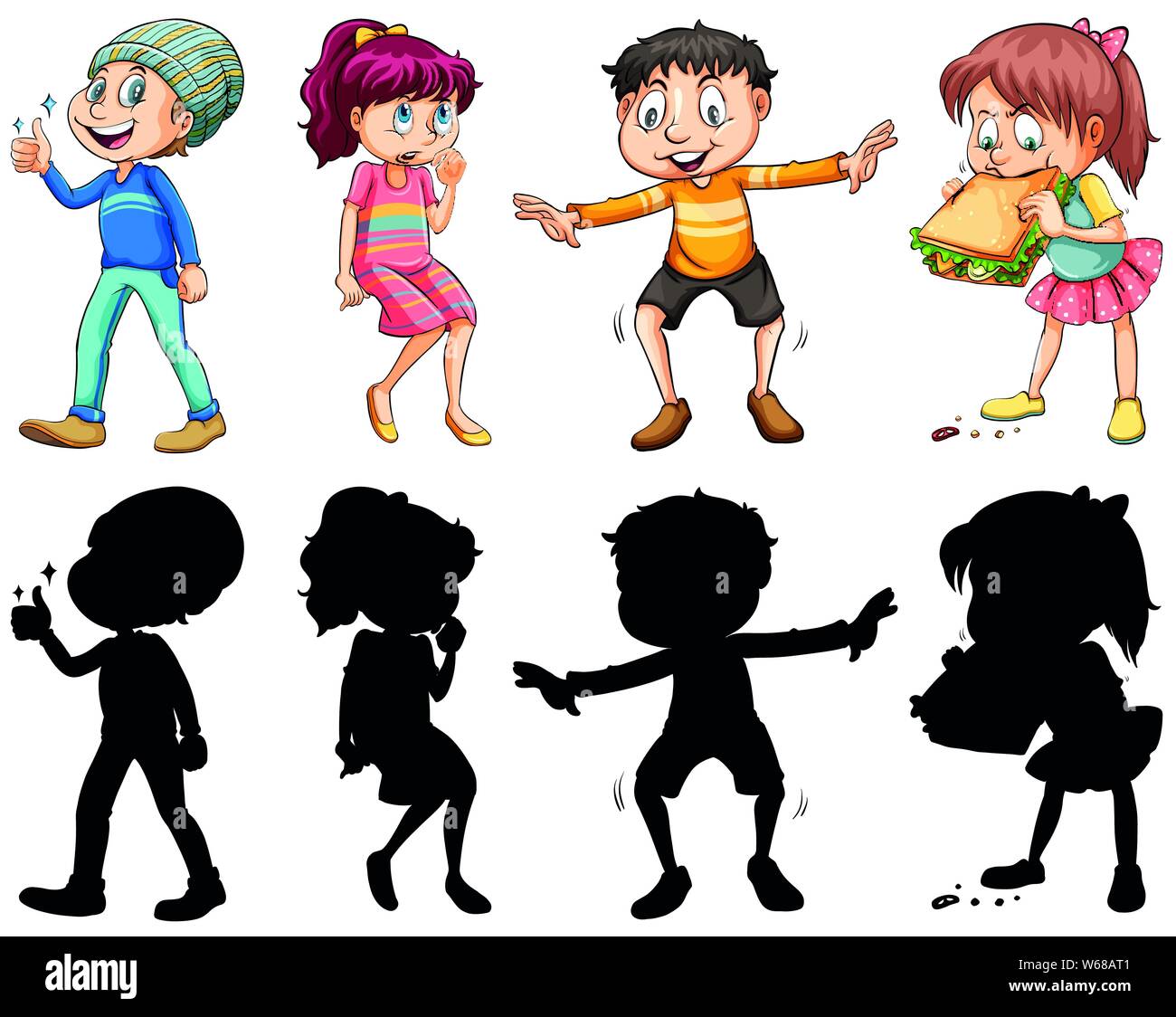 Silhouette, color and outline version with crazy kids illustration ...
