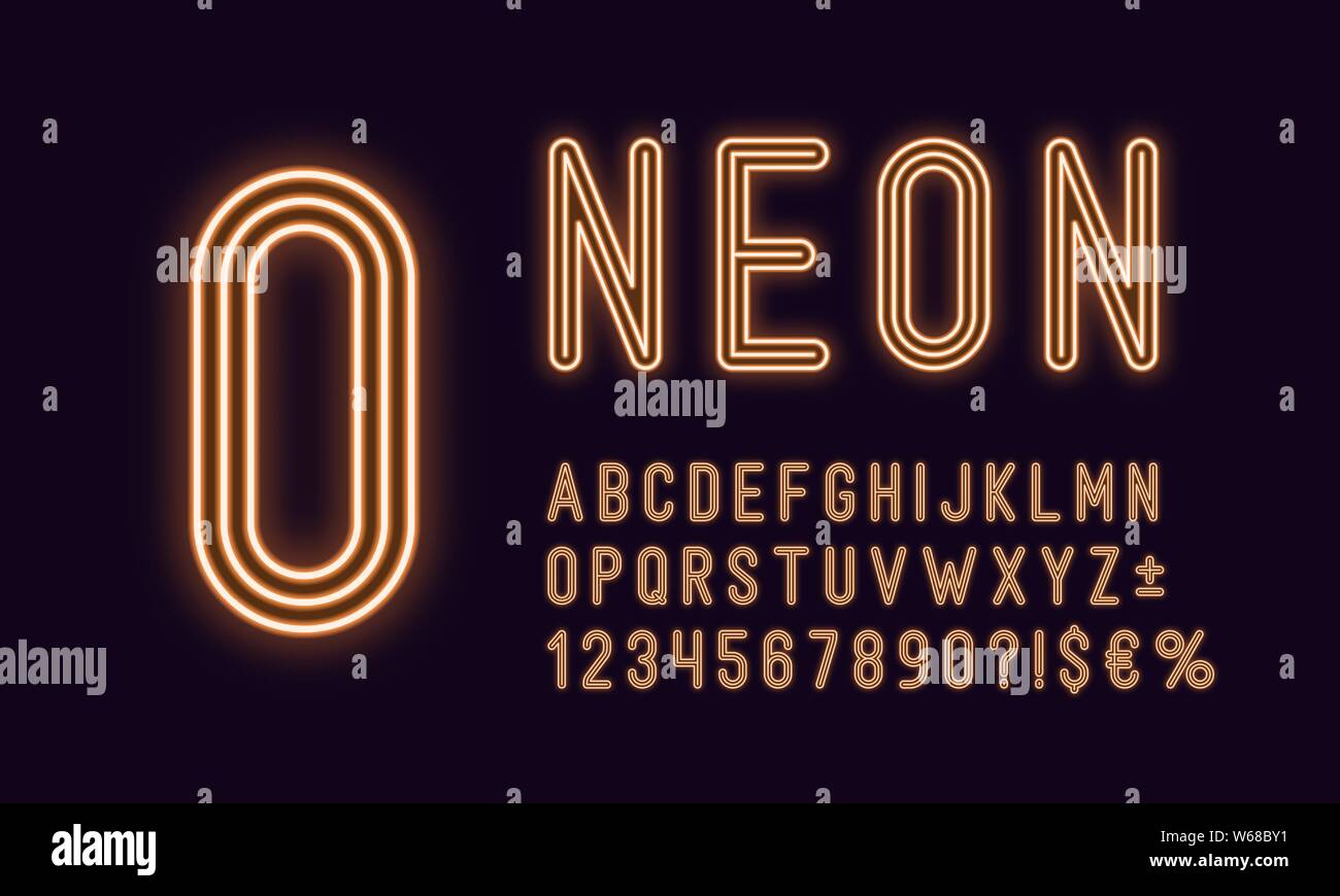 Neon rounded alphabet, Orange color. Neon outlined Font, set of ...