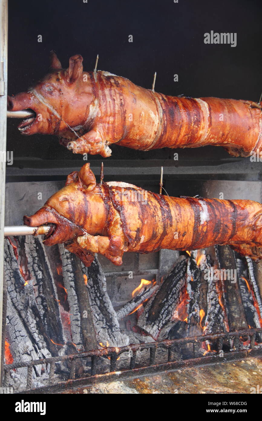 two suckling pigs on the grill Stock Photo - Alamy