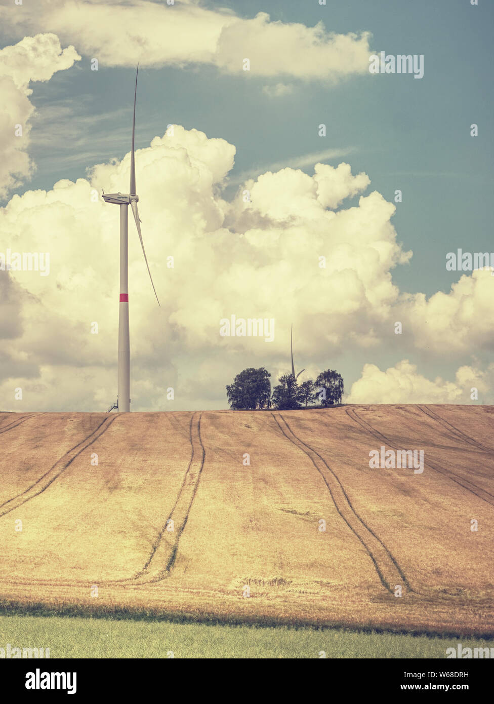 Cheap energy. Wind energy turbines in wheat field with blue sky ...