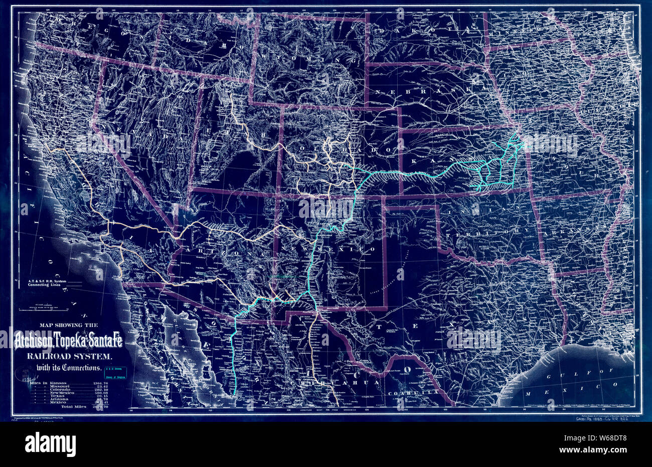 0188 Railroad Maps Map showing the Atchison Topeka and Santa Fé Railroad system with its ...