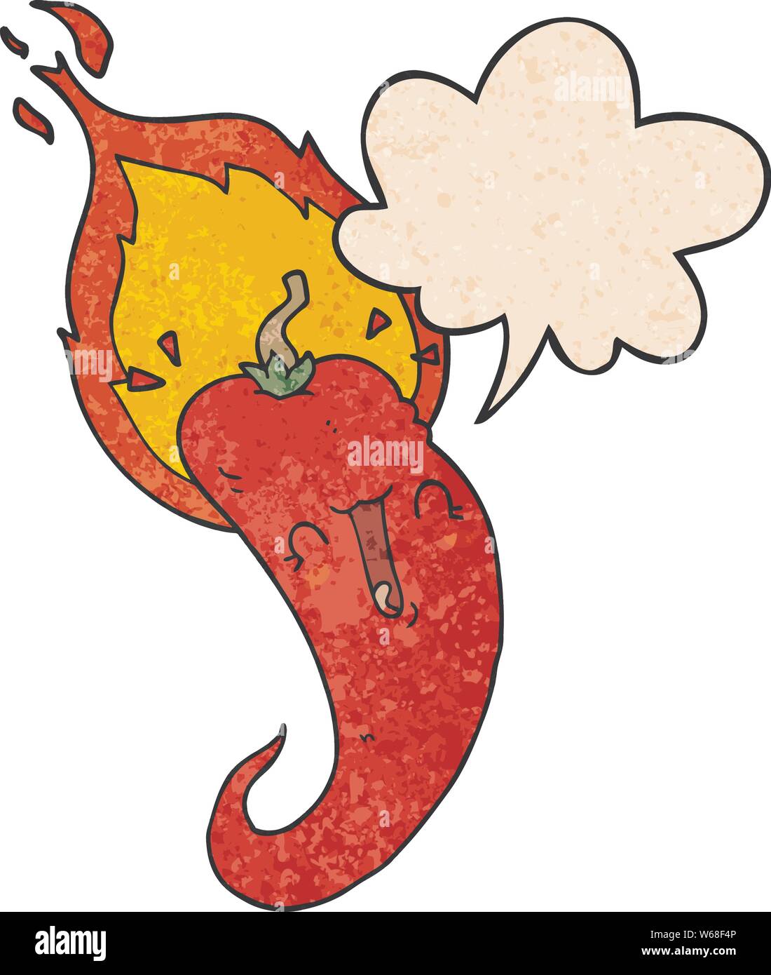 cartoon flaming hot chili pepper with speech bubble in retro texture ...