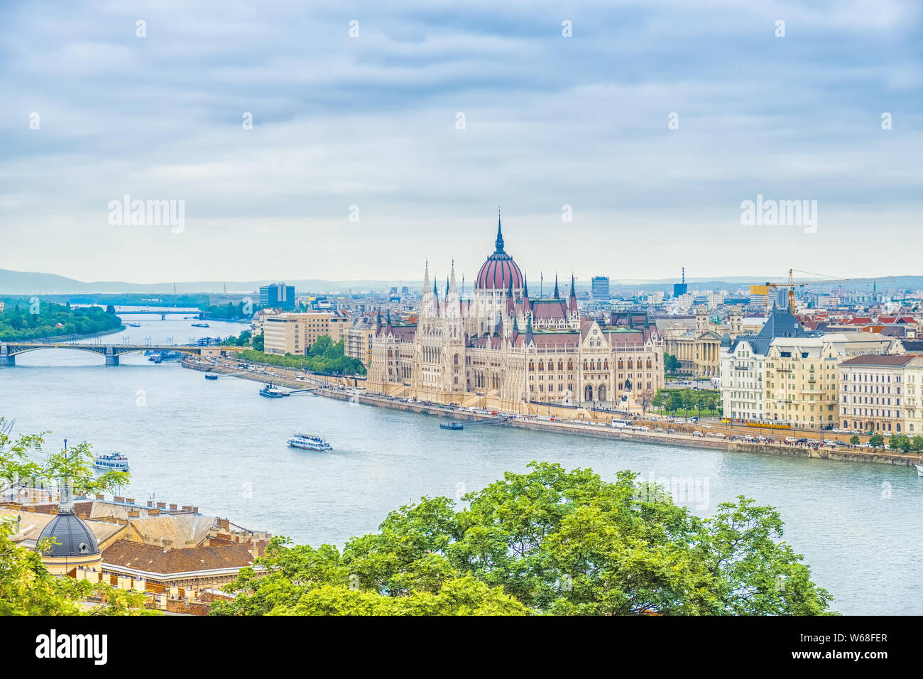 A landscape view of Budapest city, the Hungarian parliament building ...