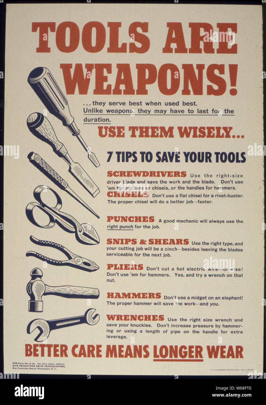 TOOLS ARE WEAPONS - BETTER CARE MEANS LONGER WEAR Stock Photo - Alamy