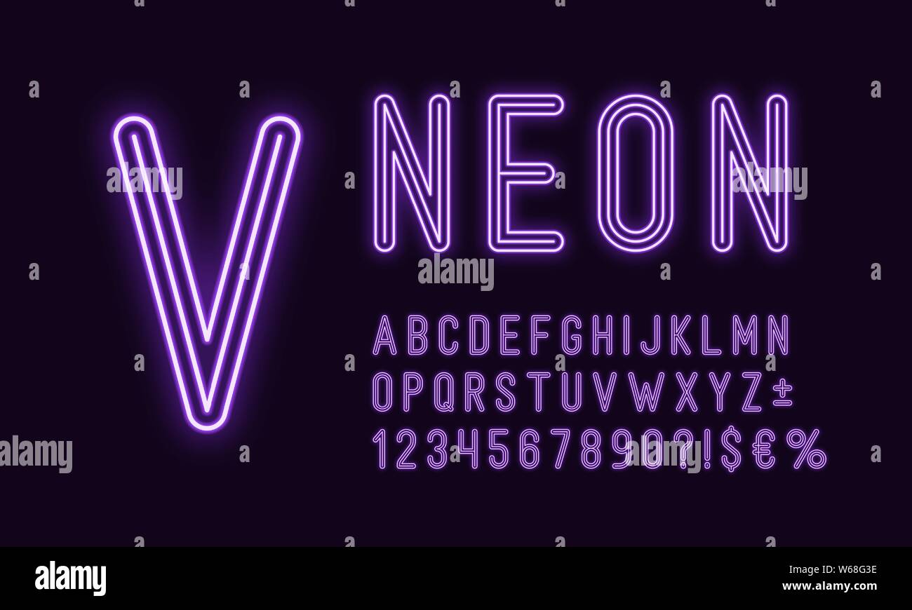 Neon rounded alphabet, Violet color. Neon outlined Font, set of ...