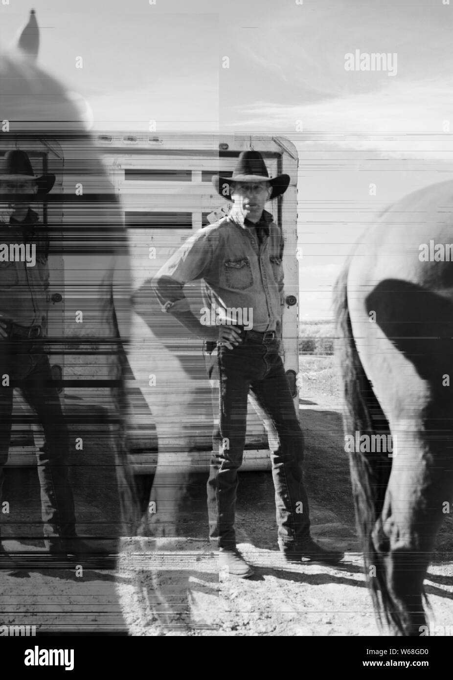 Mid-adult cowboy standing with his hand on his hip next to horses on a ...