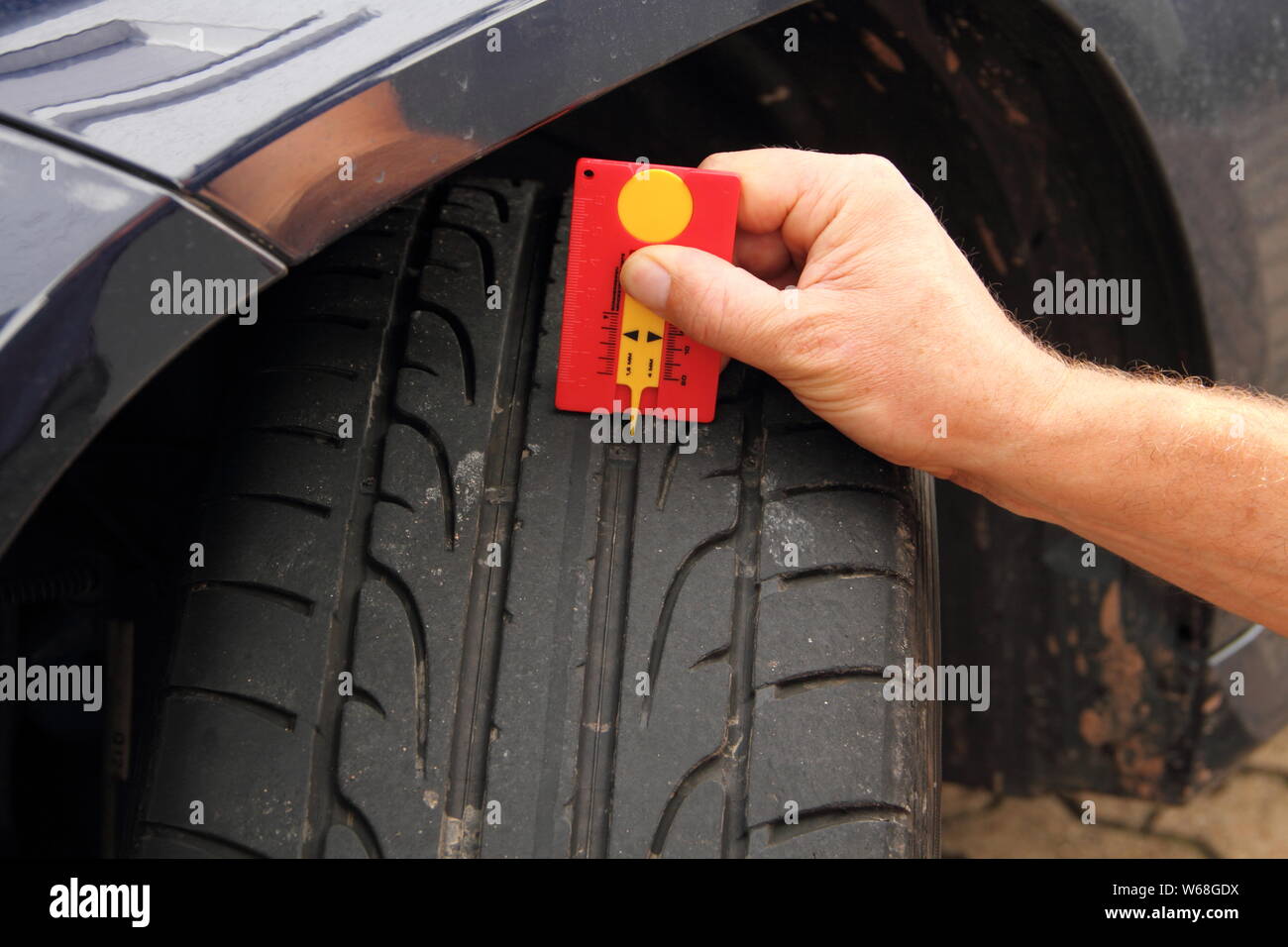 Measuring summer tire profile Stock Photo - Alamy