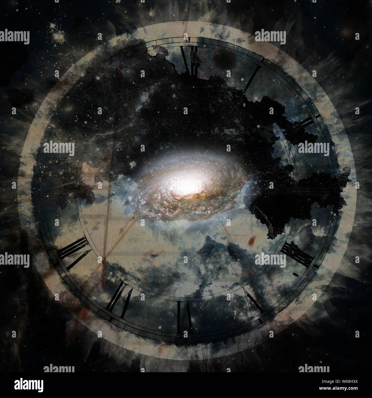 Dark art style. Galaxy and ancient clock face Stock Photo - Alamy