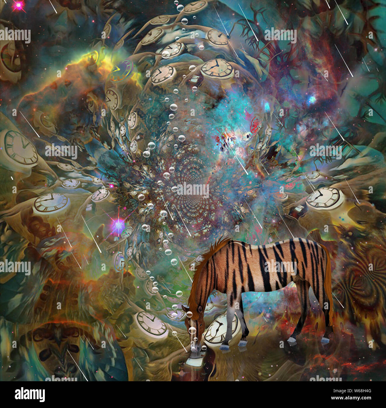 Surreal art. Vivid Imagination. Striped horse and winged clocks Stock ...