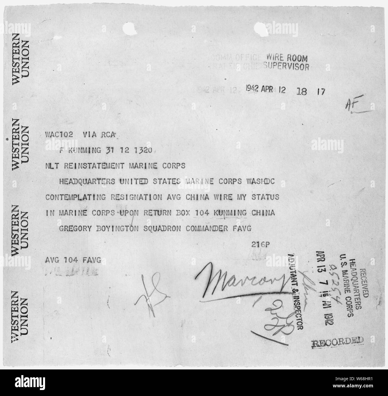 Telegram from Boyington in Kunming, China, requesting his status with ...