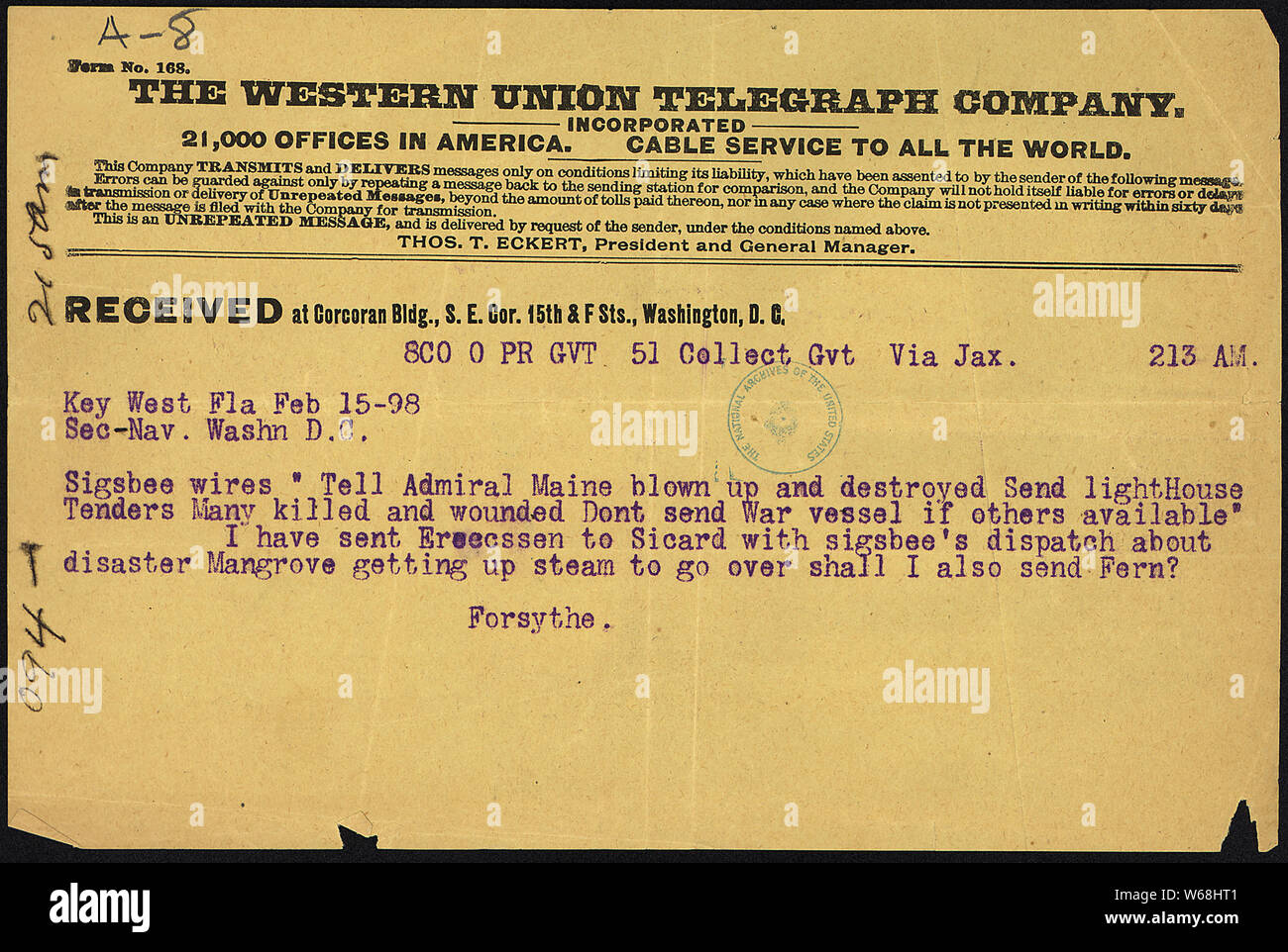 Telegram from James A. Forsythe to Secretary of the Navy; Scope and ...