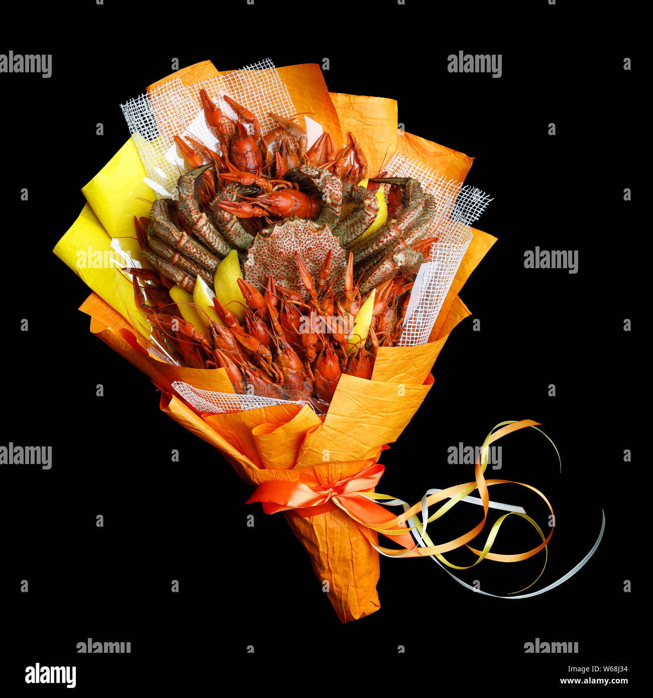 Unique bouquet consisting of large crab and boiled crawfish wrapped in ...