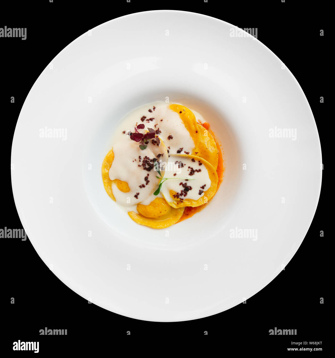 Ravioli with polenta isolated on black background, italian dish Stock ...