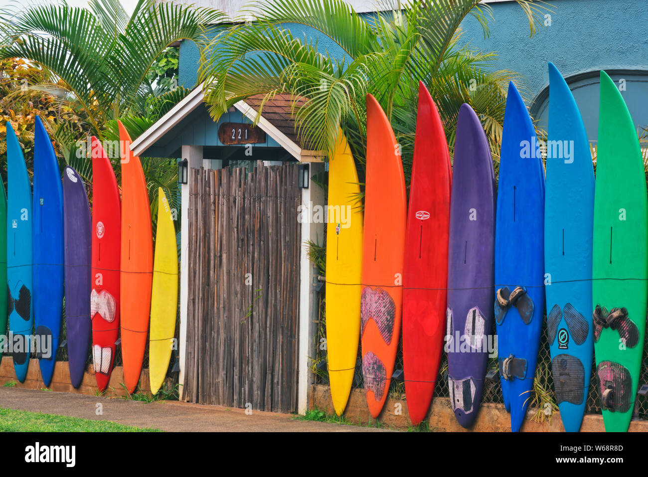Colorful surfboard fence near the town of Paia along the Road to Hana ...