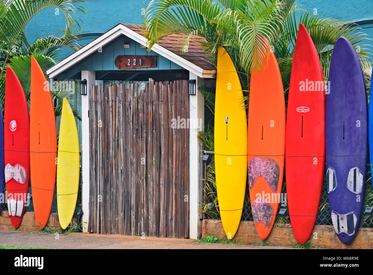 Colorful surfboard fence near the town of Paia along the Road to Hana ...