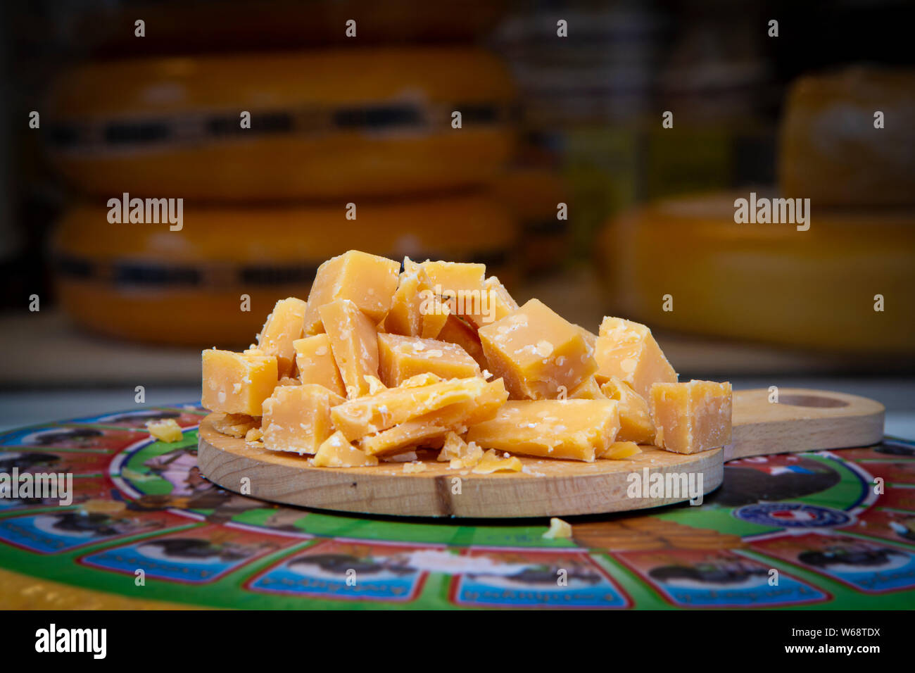 Tasting of old Dutch organic yellow cheese in blocks outside of cheese ...