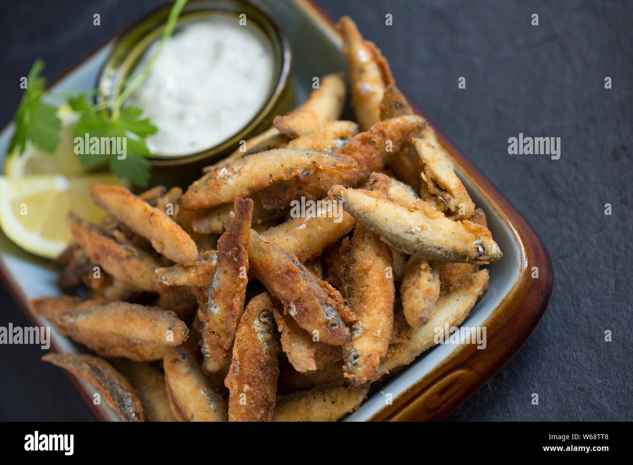 Whitebait made from sprats, Sprattus sprattus, that were bought from an ...