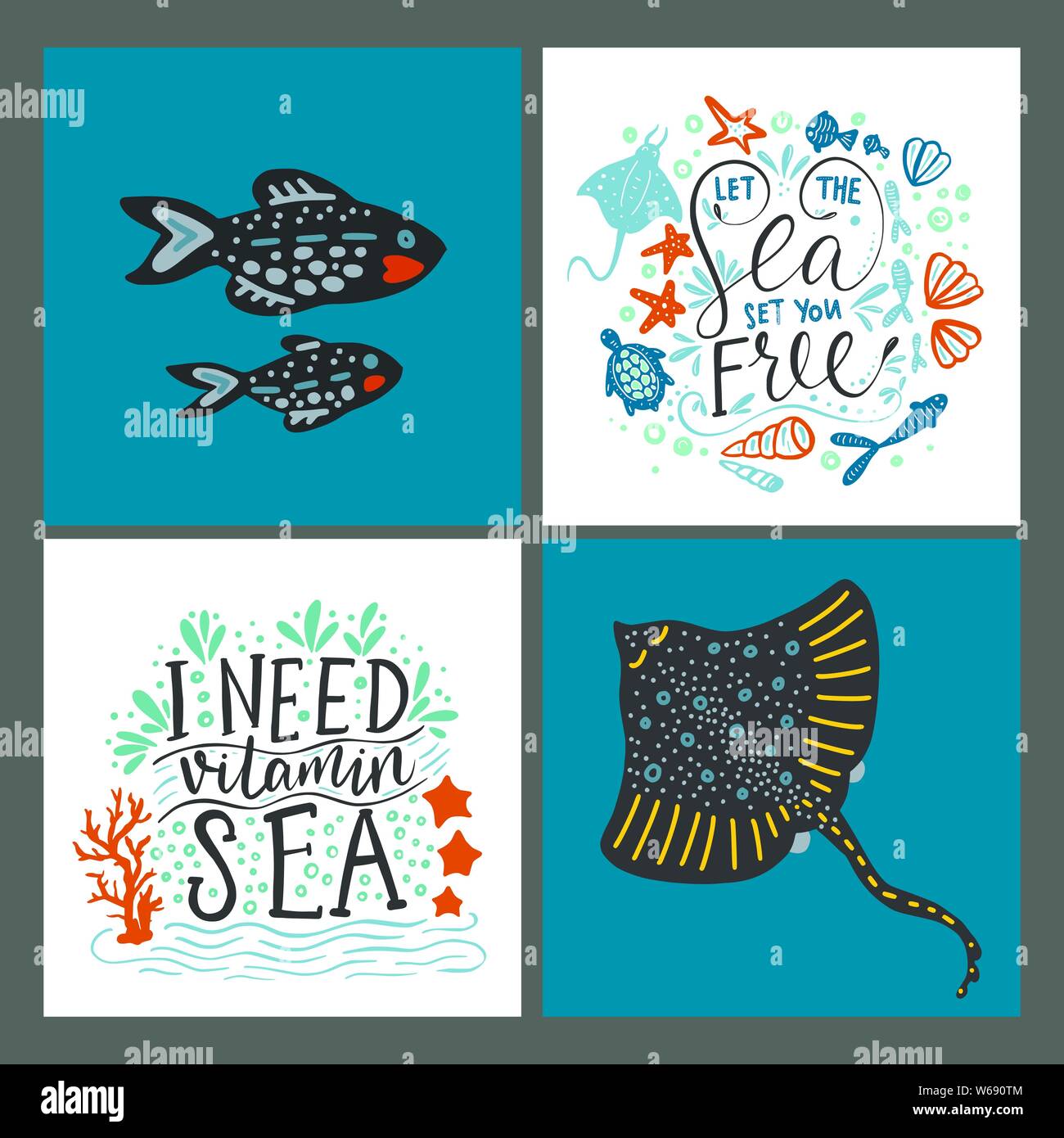Vector sea cards set with handdrawn sea animals and ornate lettering ...