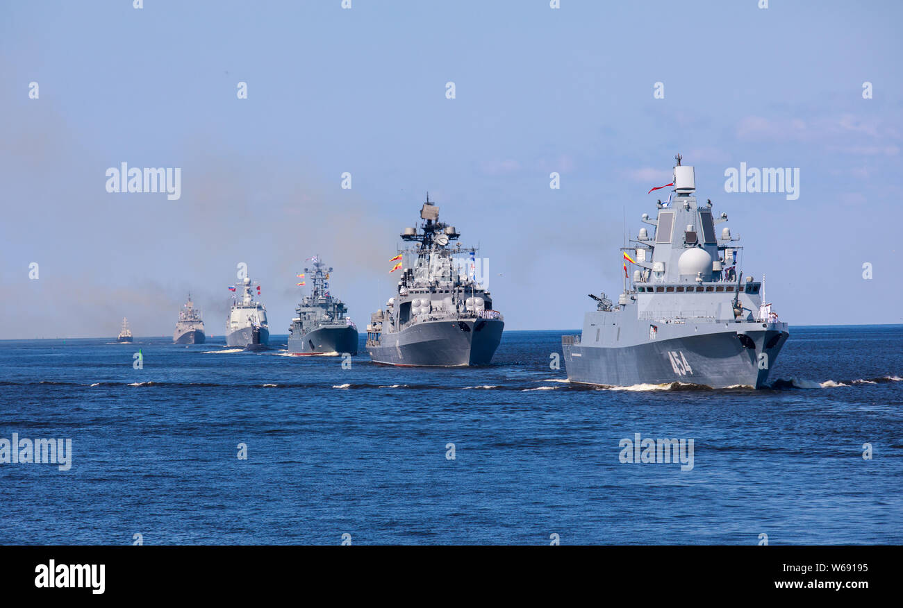 A line ahead of modern russian military naval battleships warships in ...