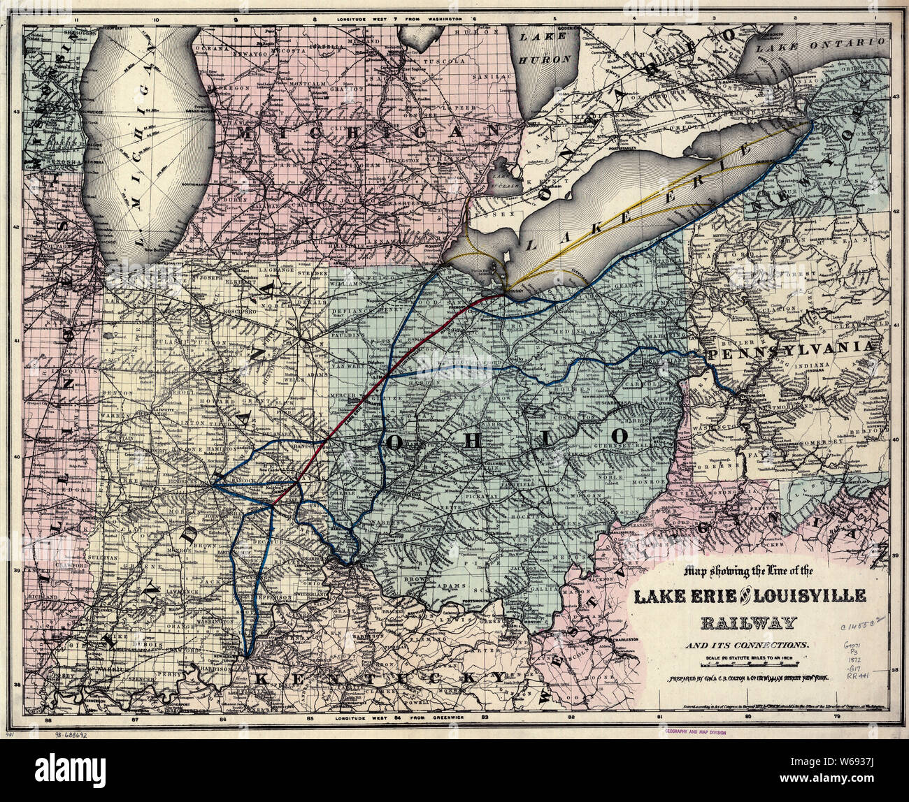 0287 Railroad Maps Map showing the line of the Lake Erie and Louisville ...