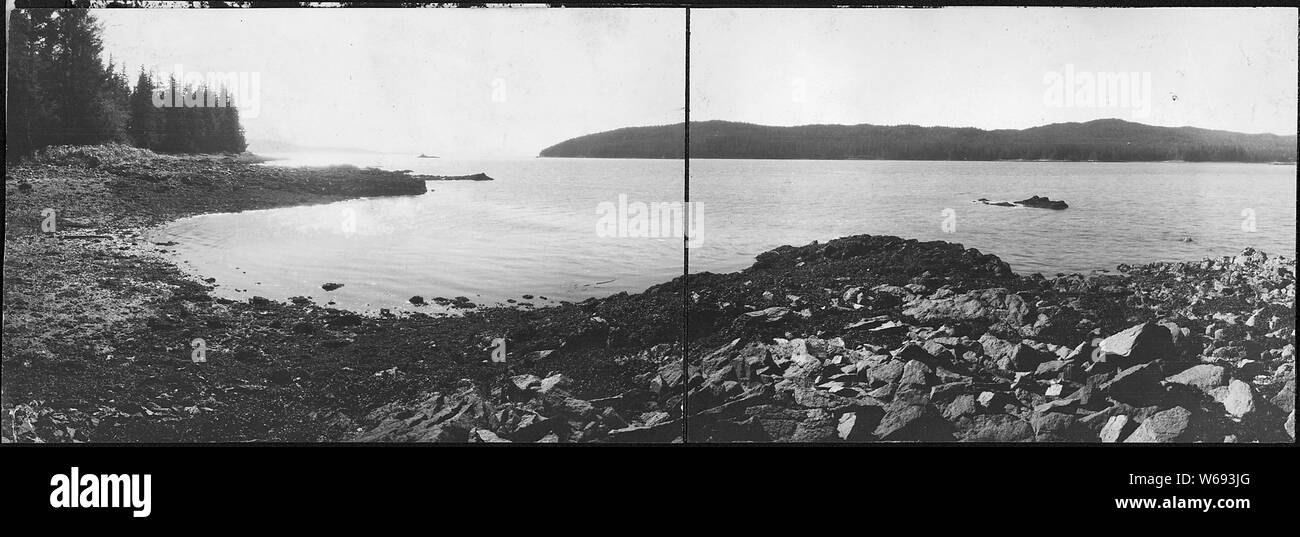 Wrangell Narrows, Alaska. Panorama of the south end of Wrangell, across ...