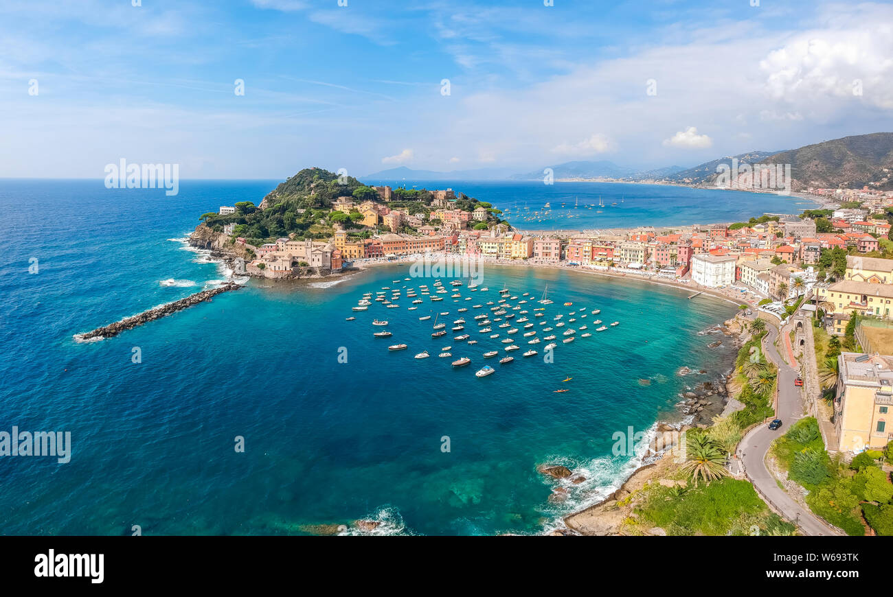 Sea aerial landscape in Sestri Levante, Liguria, Italy. Scenic fishing ...