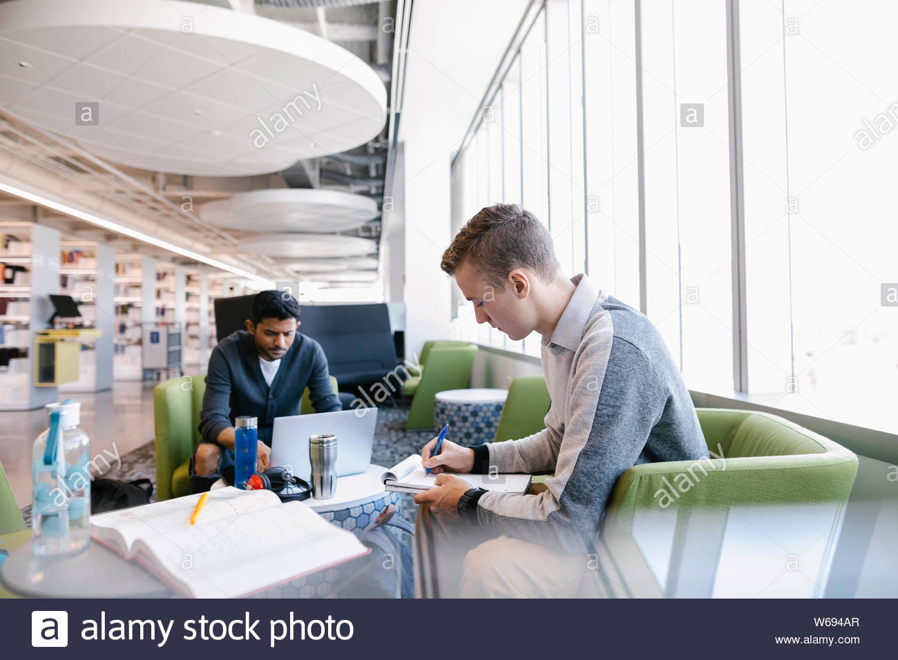 Students sitting in library, making notes and using laptop Stock Photo ...