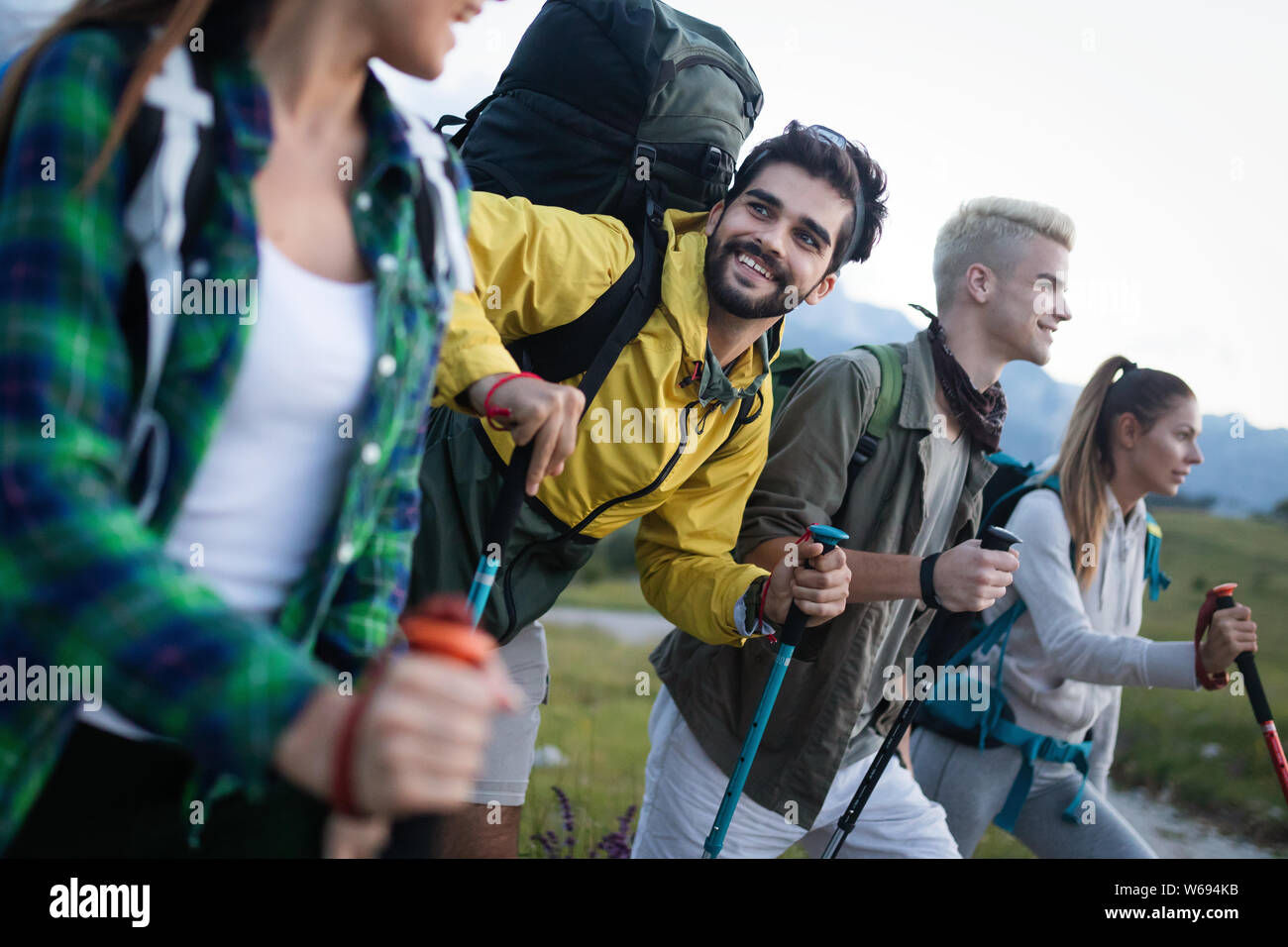 Adventure, travel, tourism, hike and people concept - group of smiling ...