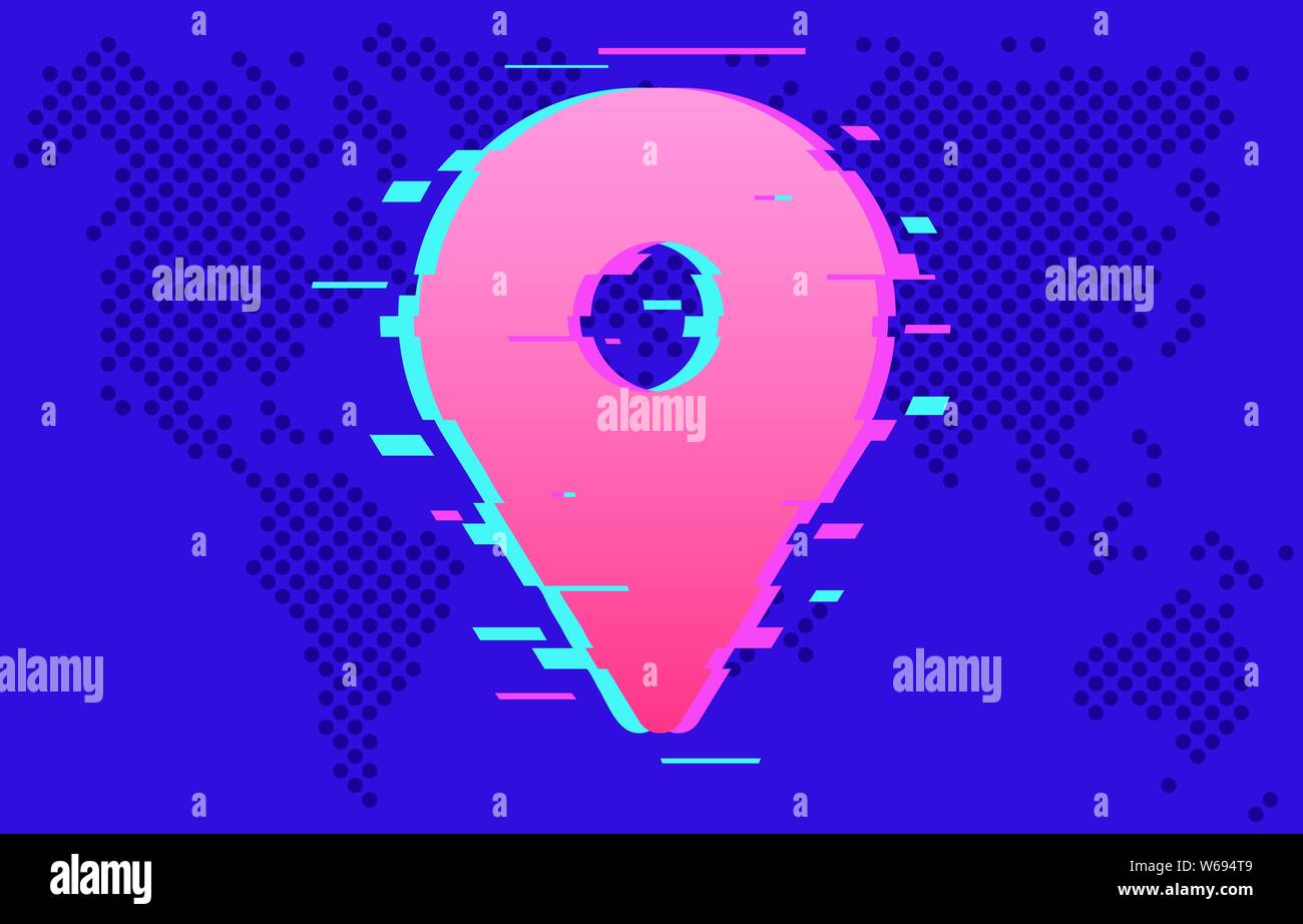 Location pointer glitched icon on gradient world map background. Pop ...