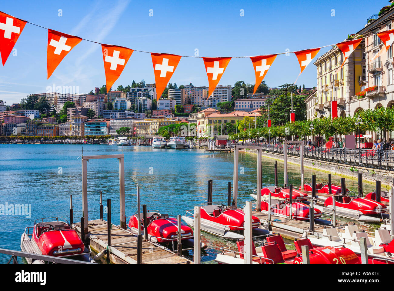 Panorama view of the lake Lugano, mountains and city Lugano, Ticino ...