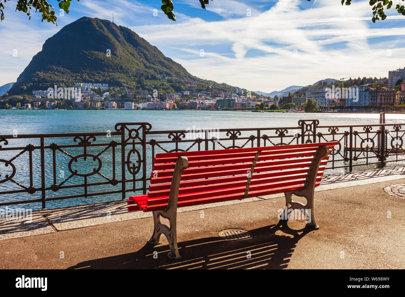 Panorama view of the lake Lugano, mountains and city Lugano, Ticino ...