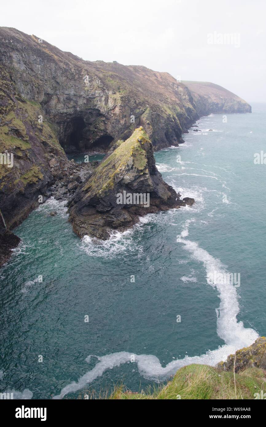 Dramatic Sea Cliffs, Sea Cave and Stack of St Agnes Head with Emerald ...