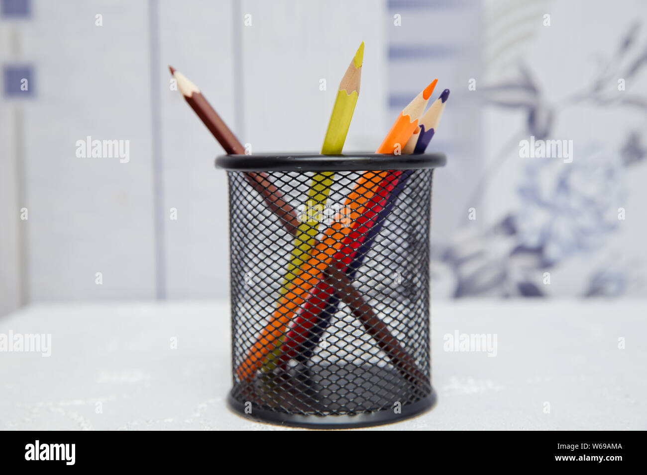 Box for pens and pencils . Colored pencils in a pencil case on white ...